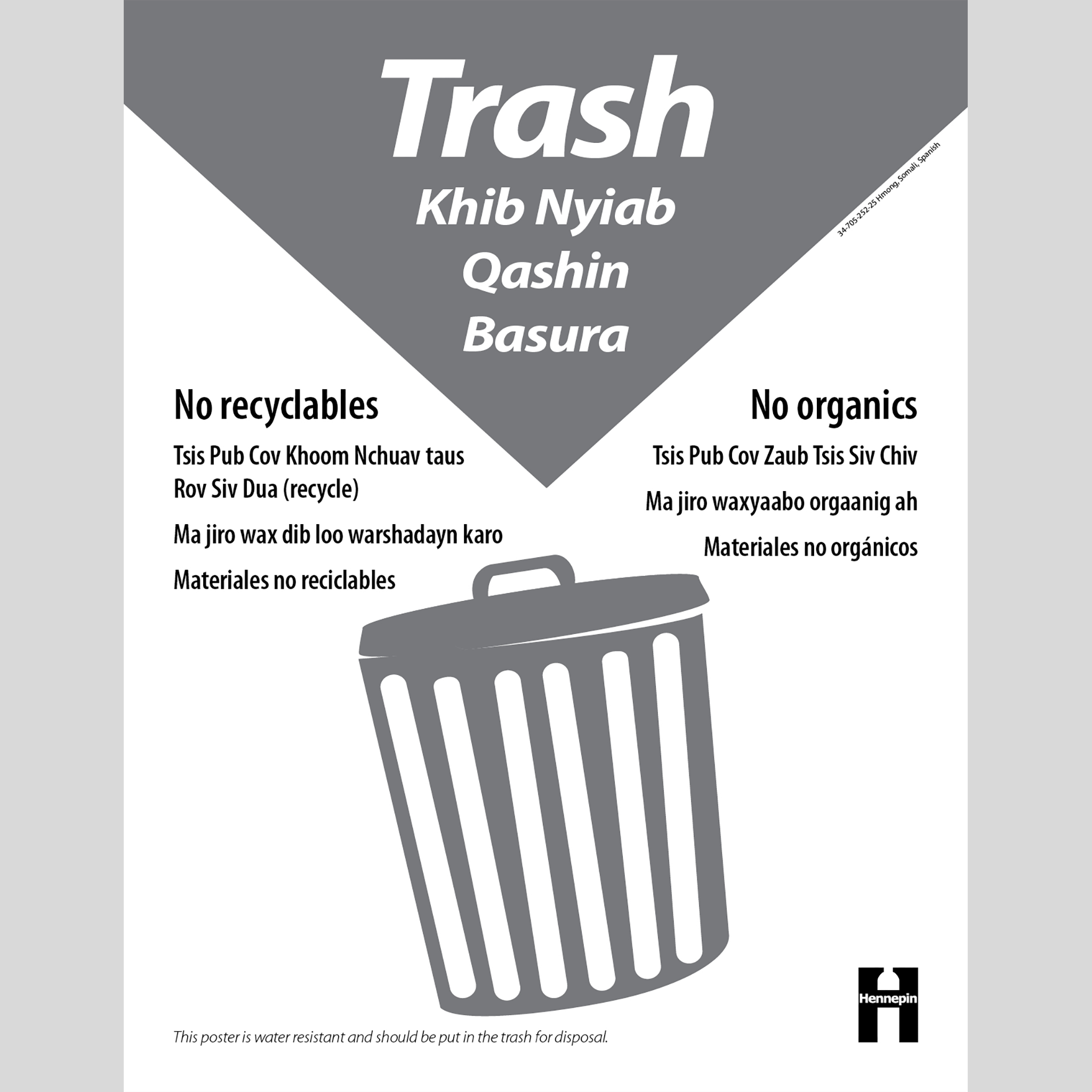 Trash poster: English, Hmong, Somali, Spanish – Environmental materials